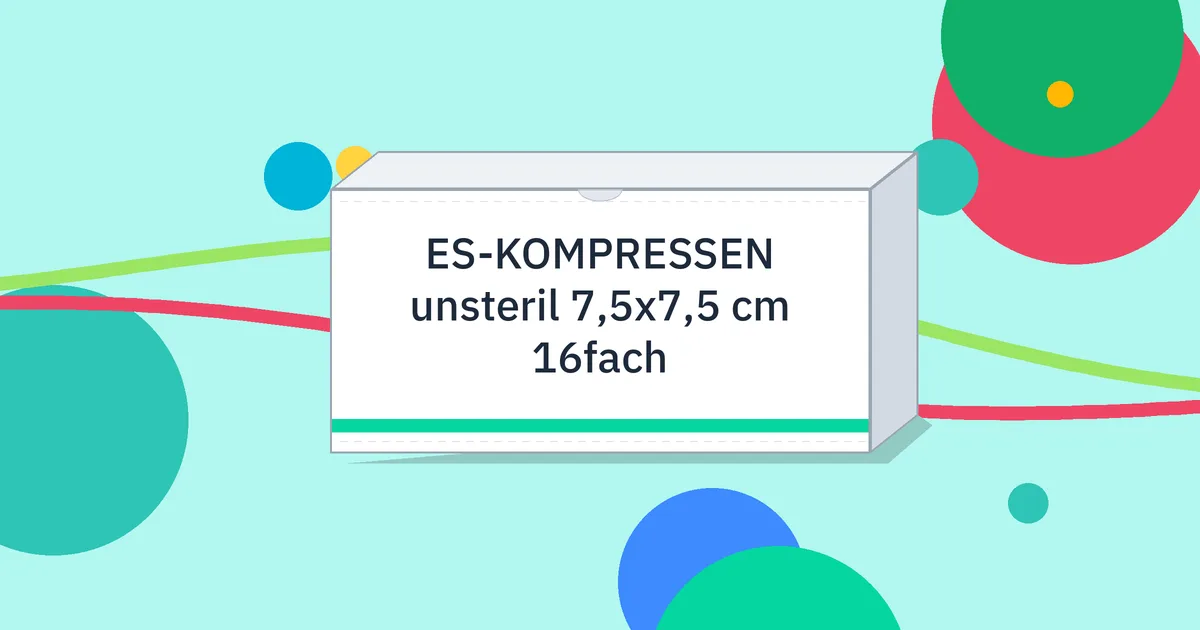 Symbolbild: Packung mit der Aufschrift ES-KOMPRESSEN unsteril 7,5x7,5 cm 16fach (PZN 17451706) – Verfügbarkeit und Bezug in Apotheken in Frankfurt am Main