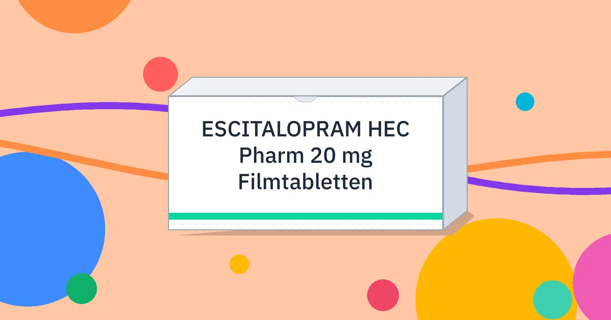 Symbolbild: Packung mit der Aufschrift ESCITALOPRAM HEC Pharm 20 mg Filmtabletten (PZN 18219590) – Verfügbarkeit und Bezug in Apotheken in Frankfurt am Main