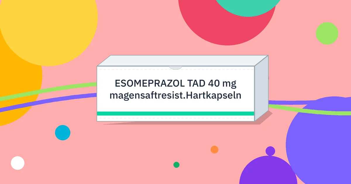Symbolbild: Packung mit der Aufschrift ESOMEPRAZOL TAD 40 mg magensaftresist.Hartkapseln (PZN 06834367) – Verfügbarkeit und Bezug in Apotheken in Frankfurt am Main