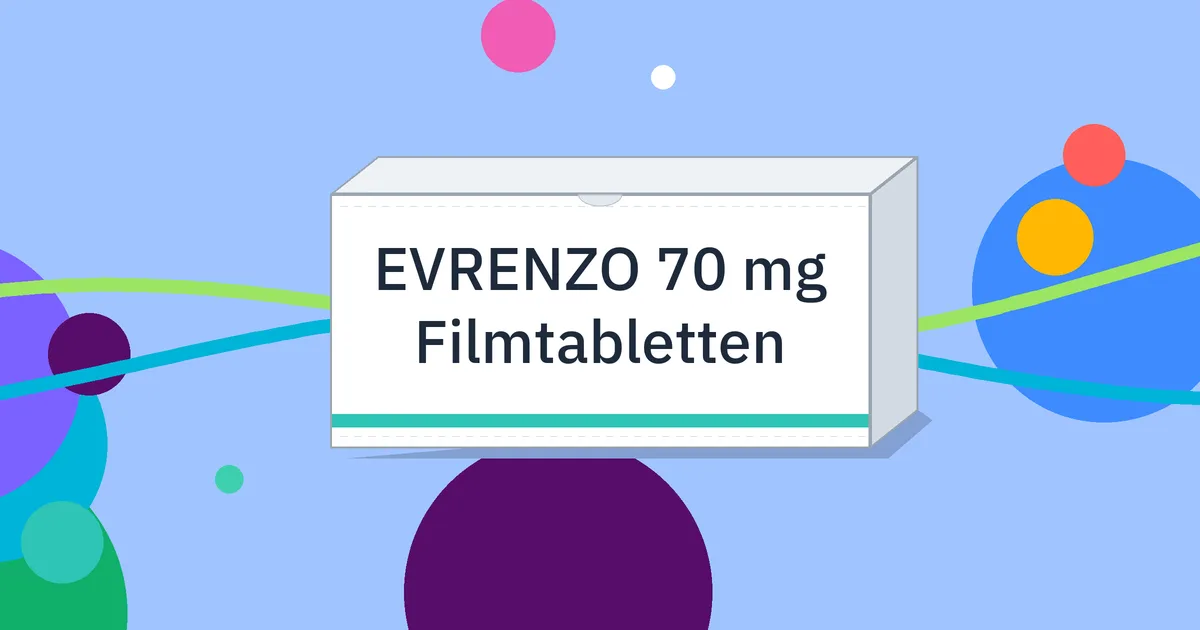 Symbolbild: Packung mit der Aufschrift EVRENZO 70 mg Filmtabletten (PZN 19542175) – Verfügbarkeit und Bezug in Apotheken in Frankfurt am Main