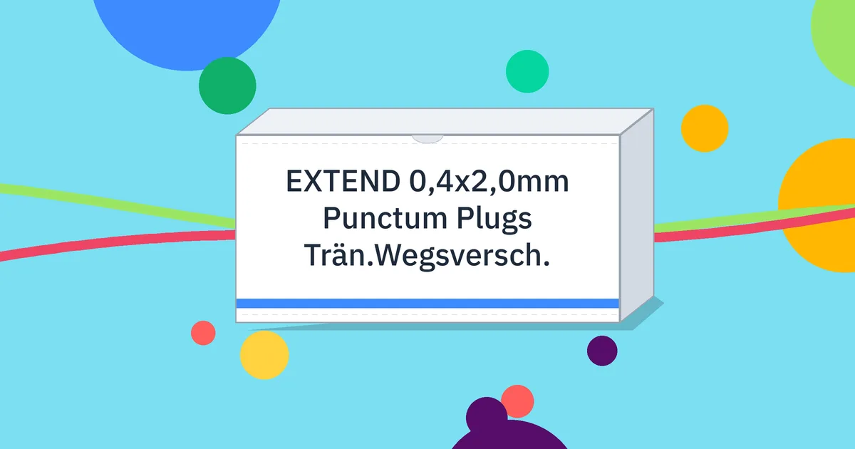 Symbolbild: Packung mit der Aufschrift EXTEND 0,4x2,0mm Punctum Plugs Trän.Wegsversch. (PZN 05354286) – Verfügbarkeit und Bezug in Apotheken in Frankfurt am Main