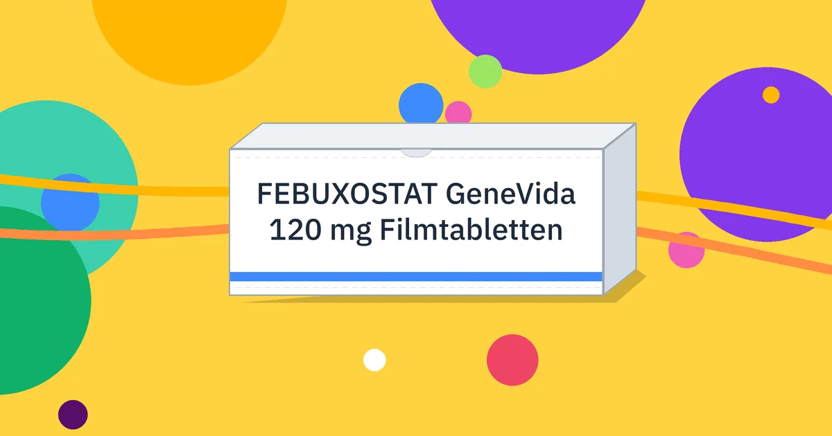 Symbolbild: Packung mit der Aufschrift FEBUXOSTAT GeneVida 120 mg Filmtabletten (PZN 15743528) – Verfügbarkeit und Bezug in Apotheken in Frankfurt am Main