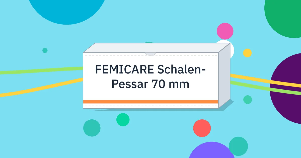 Symbolbild: Packung mit der Aufschrift FEMICARE Schalen-Pessar 70 mm (PZN 19336300) – Verfügbarkeit und Bezug in Apotheken in Frankfurt am Main