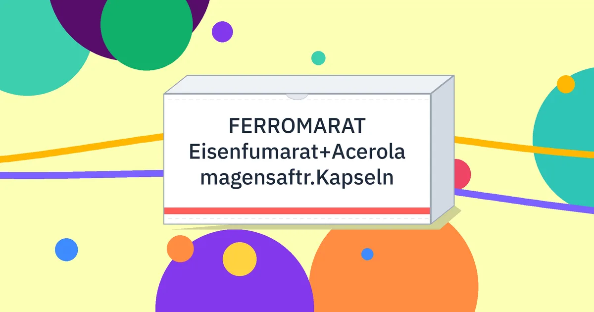 Symbolbild: Packung mit der Aufschrift FERROMARAT Eisenfumarat+Acerola magensaftr.Kapseln (PZN 13476388) – Verfügbarkeit und Bezug in Apotheken in Frankfurt am Main