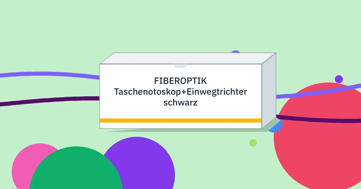 Symbolbild: Packung mit der Aufschrift FIBEROPTIK Taschenotoskop+Einwegtrichter schwarz (PZN 15424639) – Verfügbarkeit und Bezug in Apotheken in Frankfurt am Main