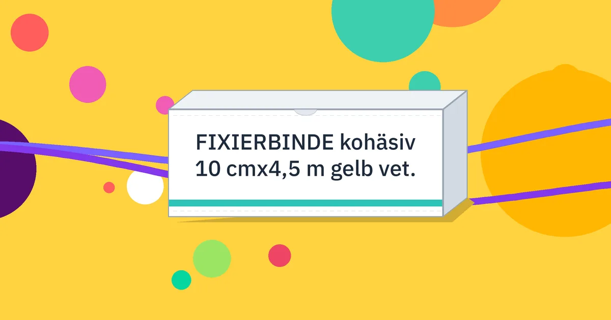 Symbolbild: Packung mit der Aufschrift FIXIERBINDE kohäsiv 10 cmx4,5 m gelb vet. (PZN 18605258) – Verfügbarkeit und Bezug in Apotheken in Frankfurt am Main