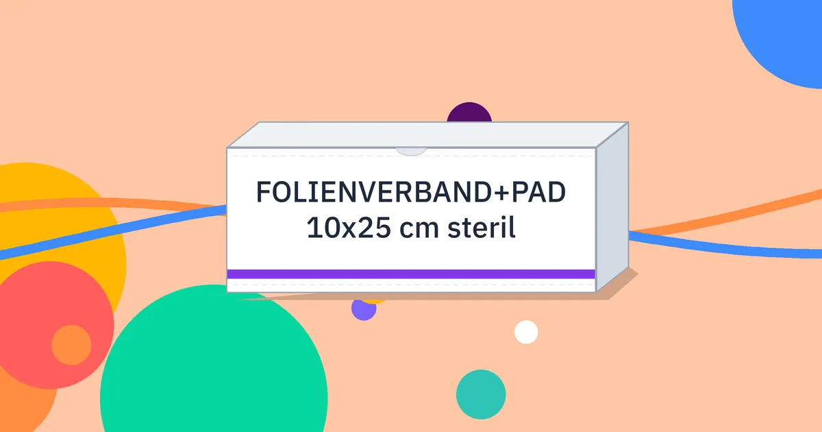 Symbolbild: Packung mit der Aufschrift FOLIENVERBAND+PAD 10x25 cm steril (PZN 17558829) – Verfügbarkeit und Bezug in Apotheken in Frankfurt am Main
