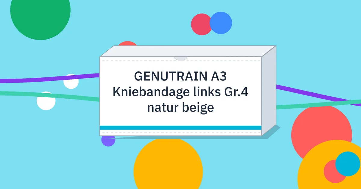 Symbolbild: Packung mit der Aufschrift GENUTRAIN A3 Kniebandage links Gr.4 natur beige (PZN 01071746) – Verfügbarkeit und Bezug in Apotheken in Frankfurt am Main