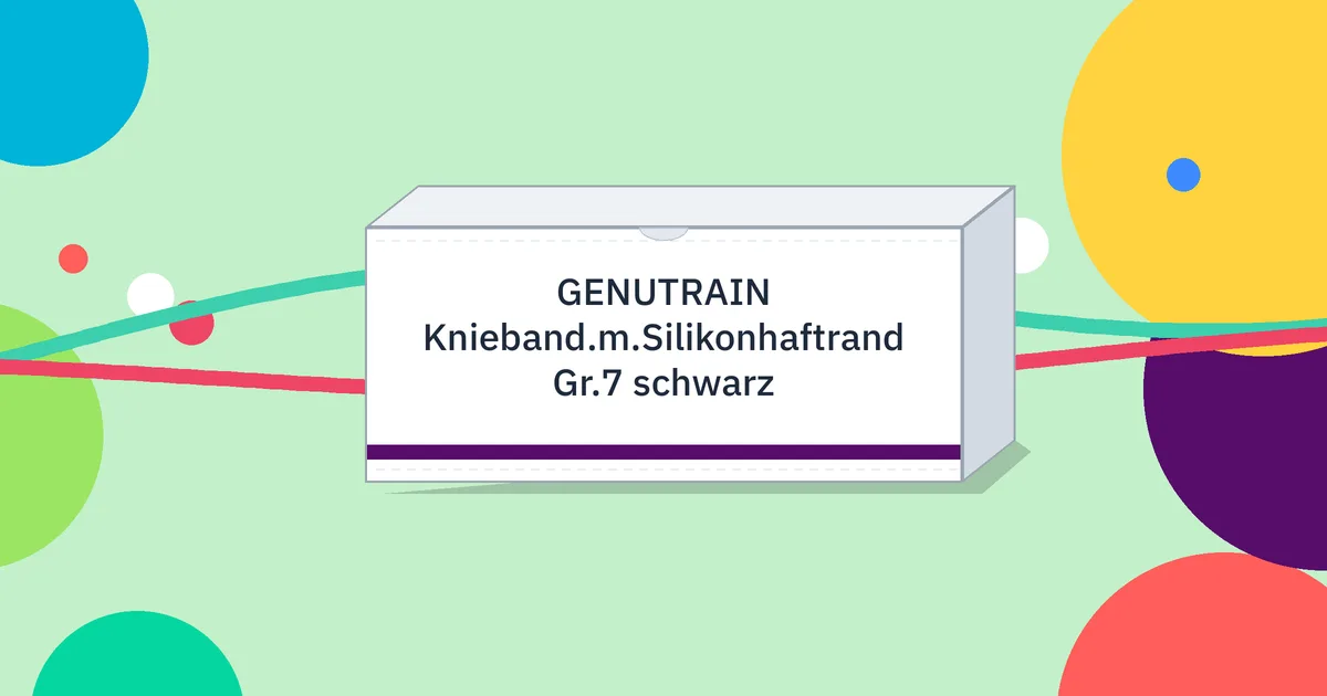 Symbolbild: Packung mit der Aufschrift GENUTRAIN Knieband.m.Silikonhaftrand Gr.7 schwarz (PZN 10213122) – Verfügbarkeit und Bezug in Apotheken in Frankfurt am Main