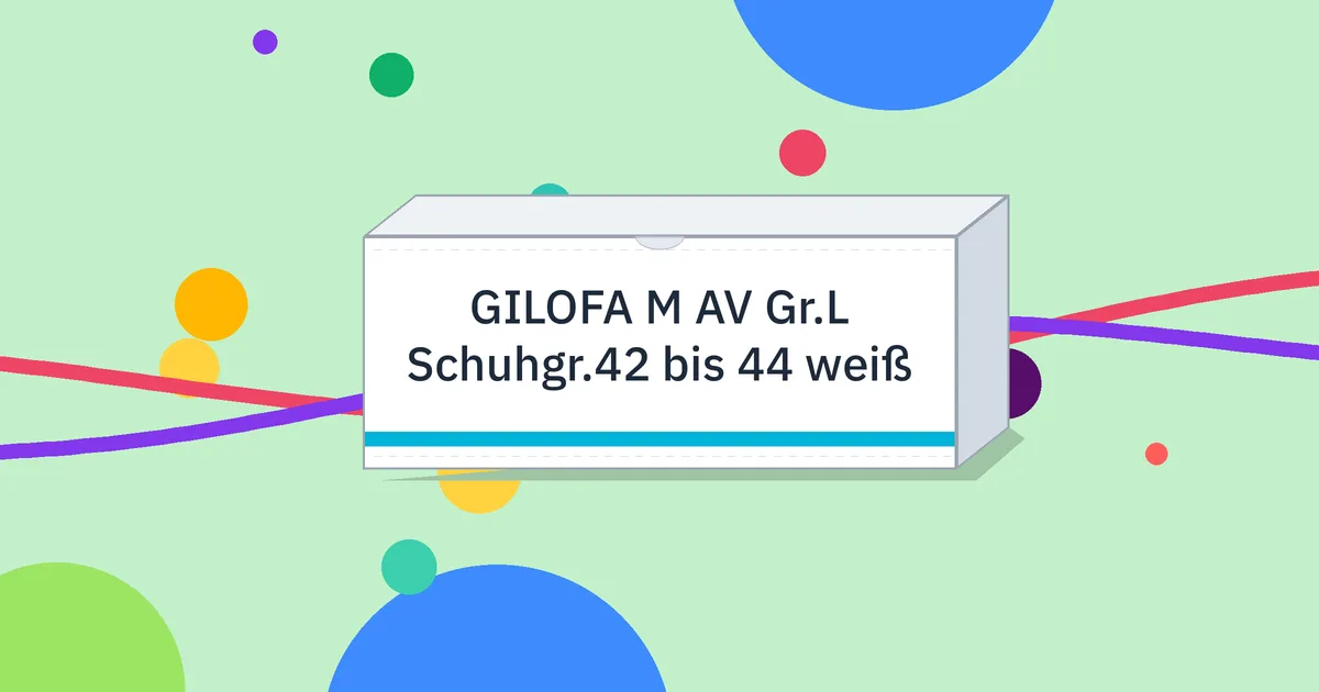 Symbolbild: Packung mit der Aufschrift GILOFA M AV Gr.L Schuhgr.42 bis 44 weiß (PZN 16726495) – Verfügbarkeit und Bezug in Apotheken in Frankfurt am Main