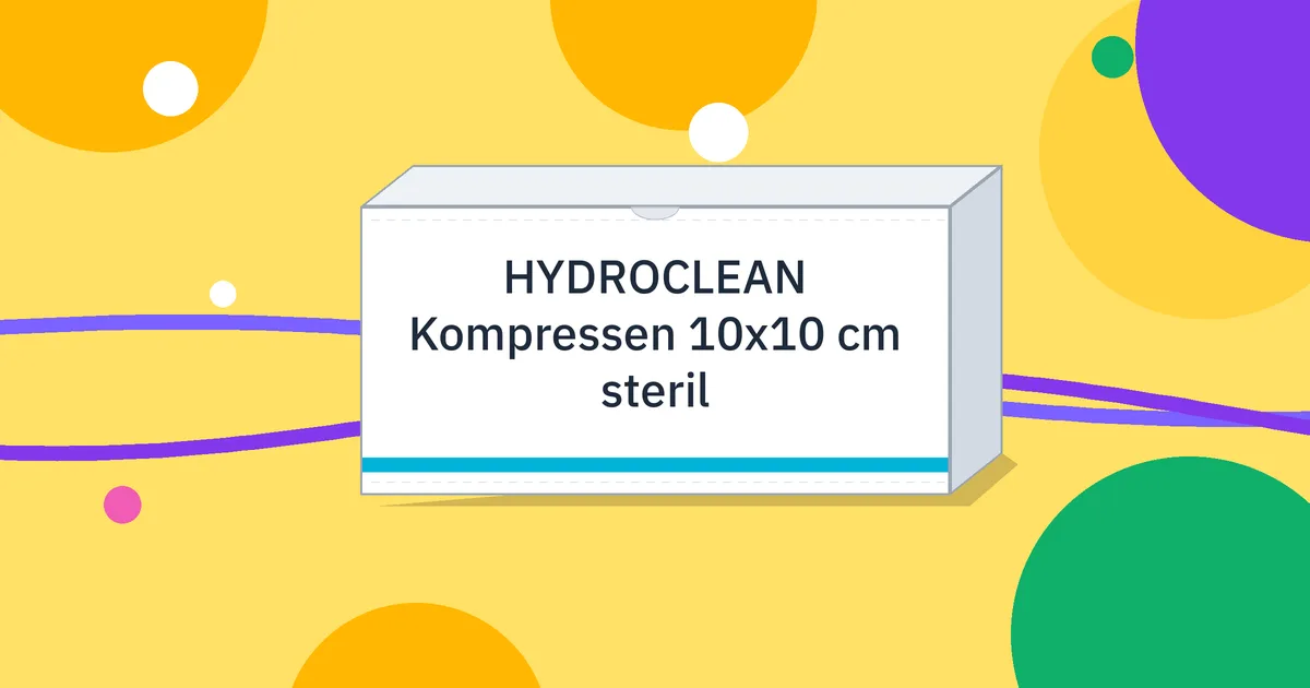 Symbolbild: Packung mit der Aufschrift HYDROCLEAN Kompressen 10x10 cm steril (PZN 16123383) – Verfügbarkeit und Bezug in Apotheken in Frankfurt am Main