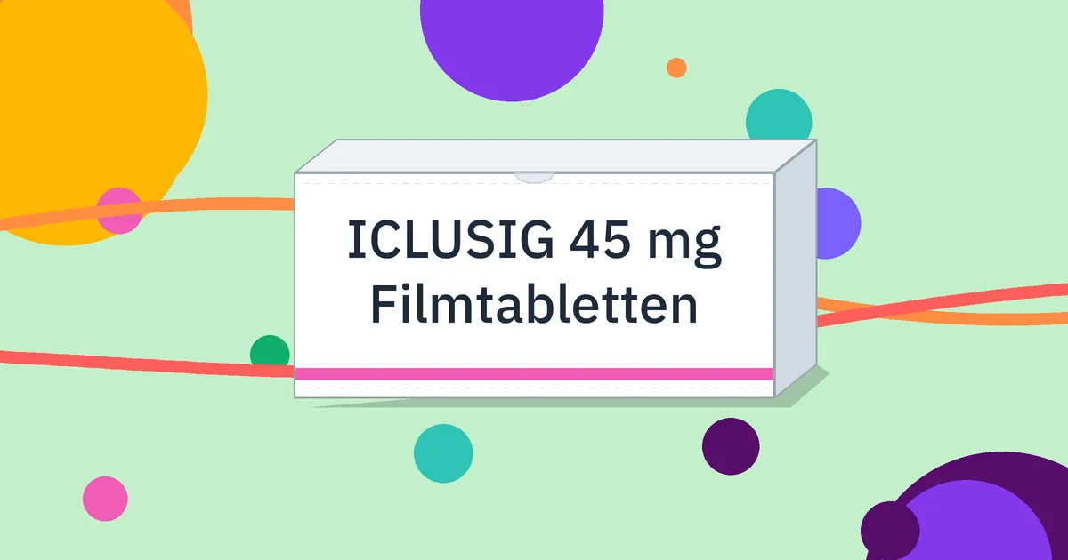 Symbolbild: Packung mit der Aufschrift ICLUSIG 45 mg Filmtabletten (PZN 19949698) – Verfügbarkeit und Bezug in Apotheken in Frankfurt am Main