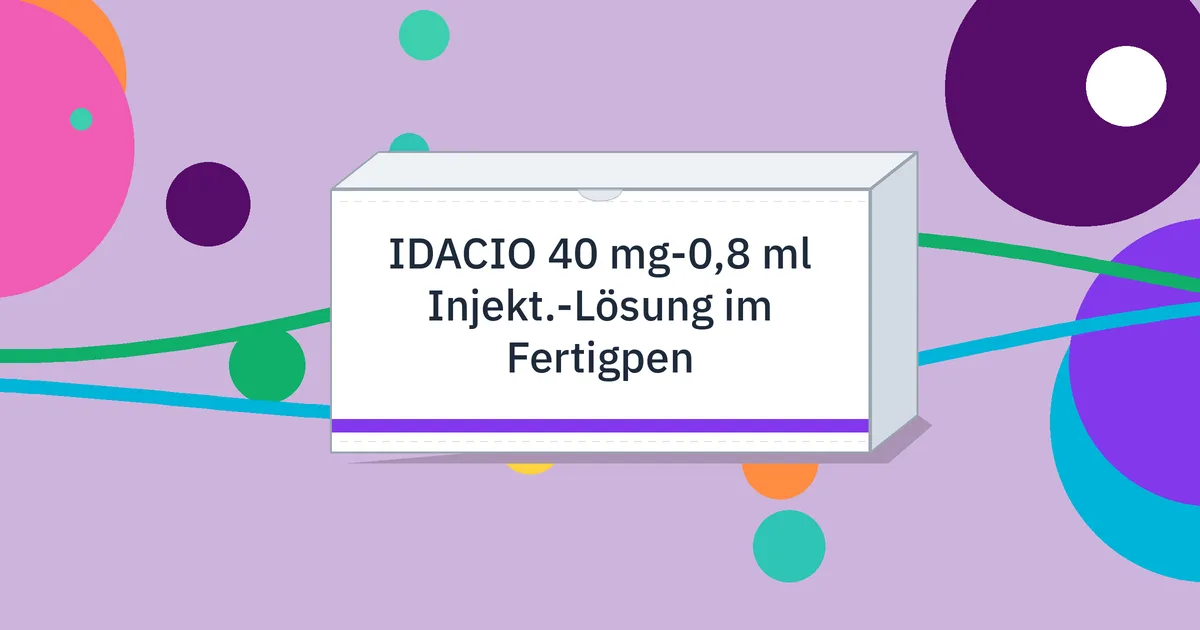 Symbolbild: Packung mit der Aufschrift IDACIO 40 mg-0,8 ml Injekt.-Lösung im Fertigpen (PZN 20582381) – Verfügbarkeit und Bezug in Apotheken in Frankfurt am Main
