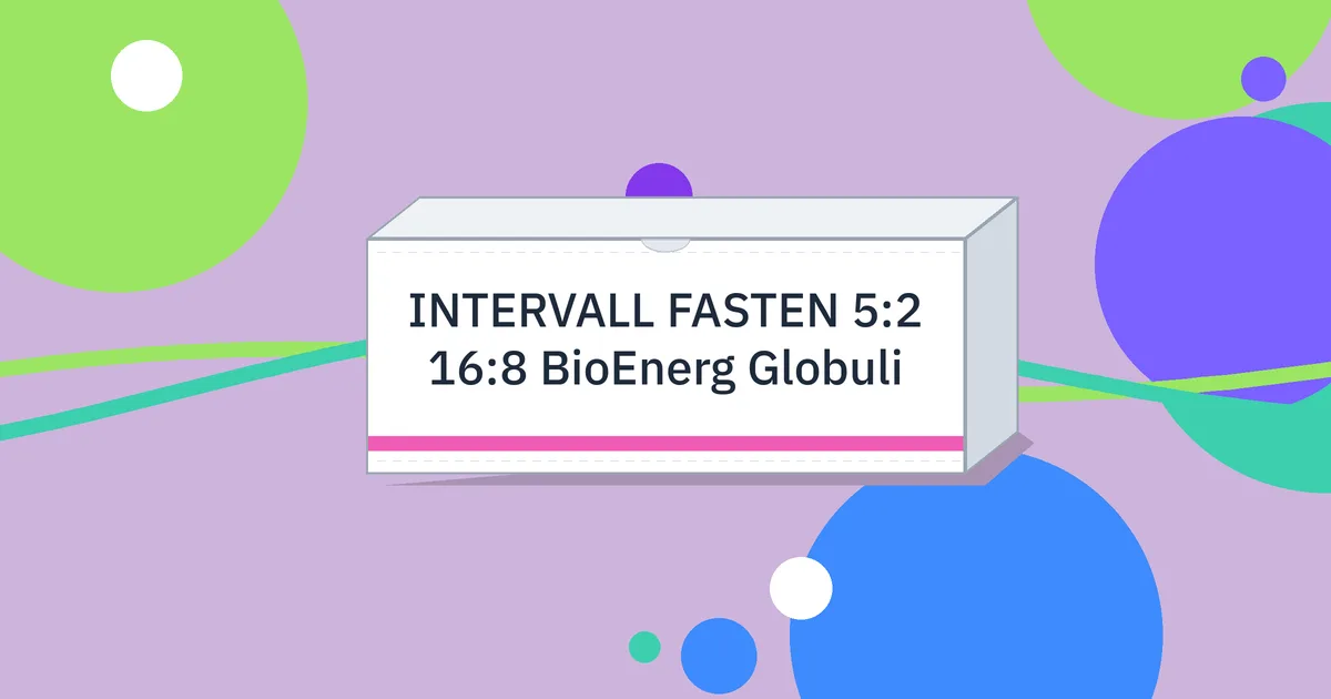 Symbolbild: Packung mit der Aufschrift INTERVALL FASTEN 5:2 16:8 BioEnerg Globuli (PZN 15582545) – Verfügbarkeit und Bezug in Apotheken in Frankfurt am Main