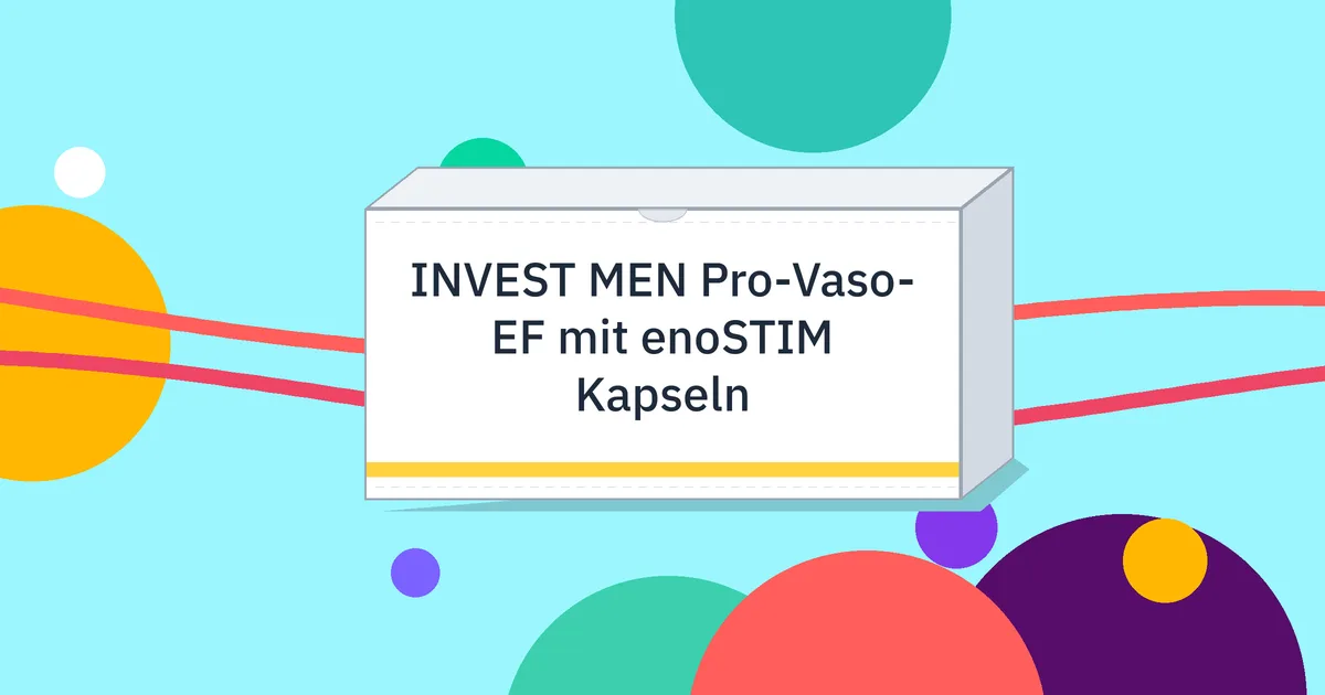 Symbolbild: Packung mit der Aufschrift INVEST MEN Pro-Vaso-EF mit enoSTIM Kapseln (PZN 15879819) – Verfügbarkeit und Bezug in Apotheken in Frankfurt am Main