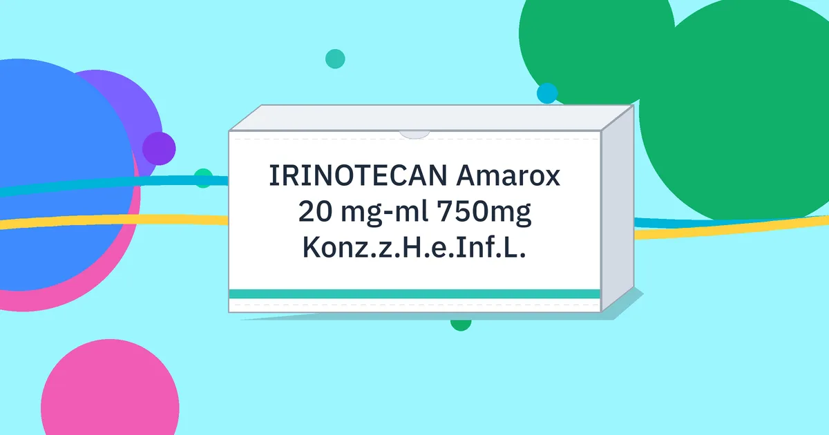 Symbolbild: Packung mit der Aufschrift IRINOTECAN Amarox 20 mg-ml 750mg Konz.z.H.e.Inf.L. (PZN 19078200) – Verfügbarkeit und Bezug in Apotheken in Frankfurt am Main