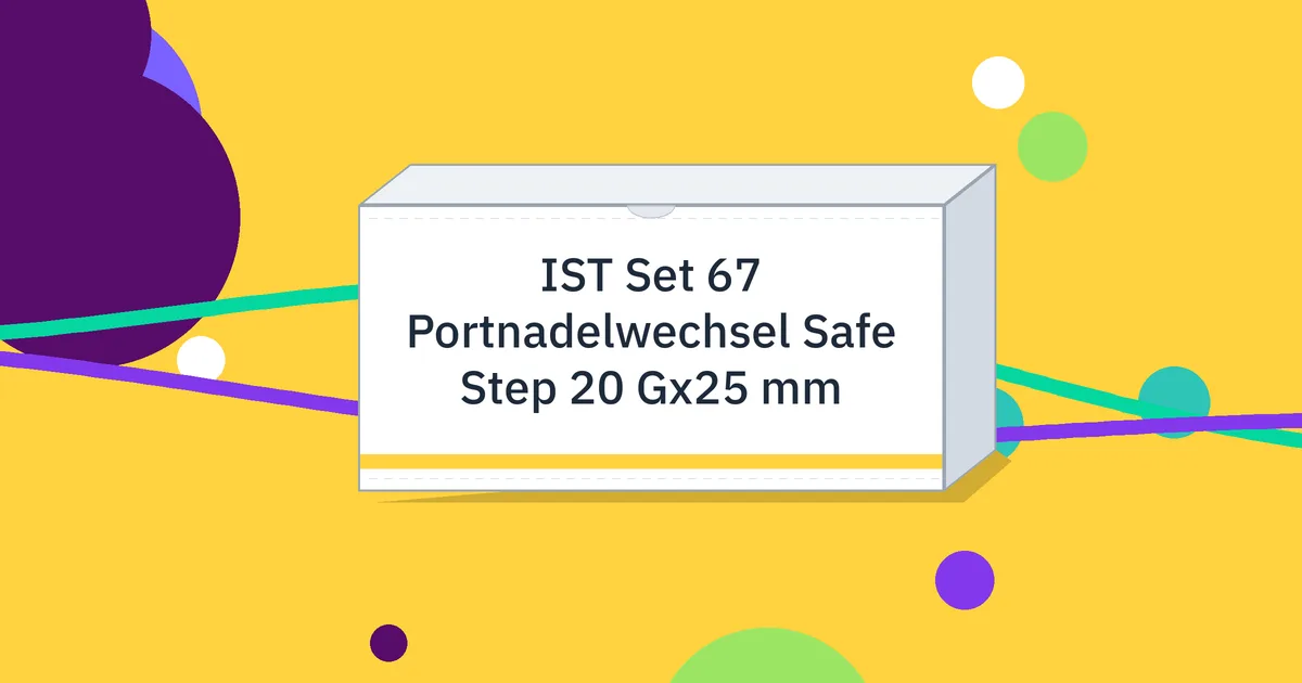 Symbolbild: Packung mit der Aufschrift IST Set 67 Portnadelwechsel Safe Step 20 Gx25 mm (PZN 20601842) – Verfügbarkeit und Bezug in Apotheken in Frankfurt am Main