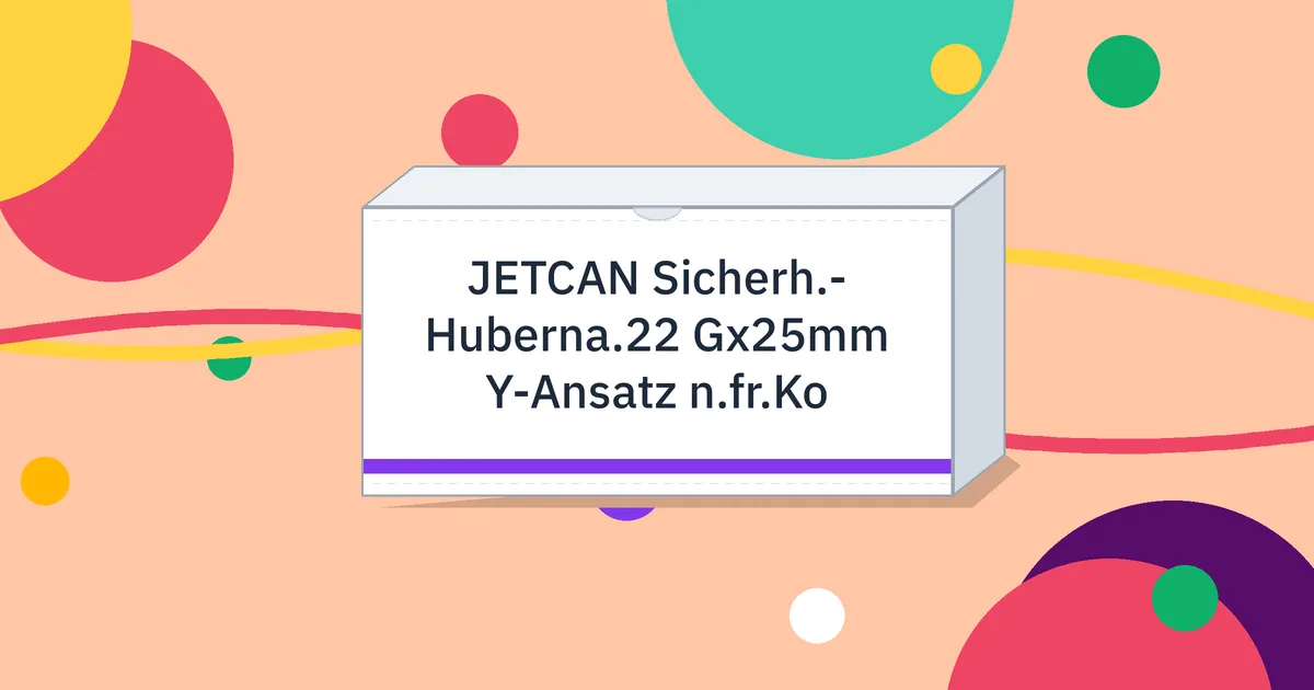 Symbolbild: Packung mit der Aufschrift JETCAN Sicherh.-Huberna.22 Gx25mm Y-Ansatz n.fr.Ko (PZN 20836120) – Verfügbarkeit und Bezug in Apotheken in Frankfurt am Main