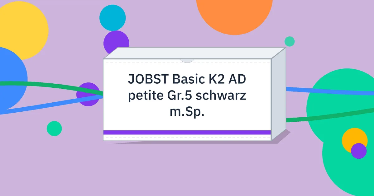Symbolbild: Packung mit der Aufschrift JOBST Basic K2 AD petite Gr.5 schwarz m.Sp. (PZN 15311071) – Verfügbarkeit und Bezug in Apotheken in Frankfurt am Main