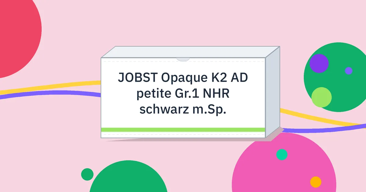 Symbolbild: Packung mit der Aufschrift JOBST Opaque K2 AD petite Gr.1 NHR schwarz m.Sp. (PZN 13109000) – Verfügbarkeit und Bezug in Apotheken in Frankfurt am Main
