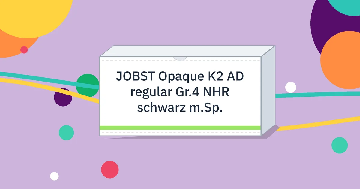 Symbolbild: Packung mit der Aufschrift JOBST Opaque K2 AD regular Gr.4 NHR schwarz m.Sp. (PZN 13110664) – Verfügbarkeit und Bezug in Apotheken in Frankfurt am Main