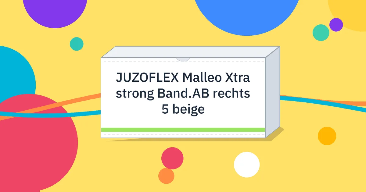 Symbolbild: Packung mit der Aufschrift JUZOFLEX Malleo Xtra strong Band.AB rechts 5 beige (PZN 16634971) – Verfügbarkeit und Bezug in Apotheken in Frankfurt am Main