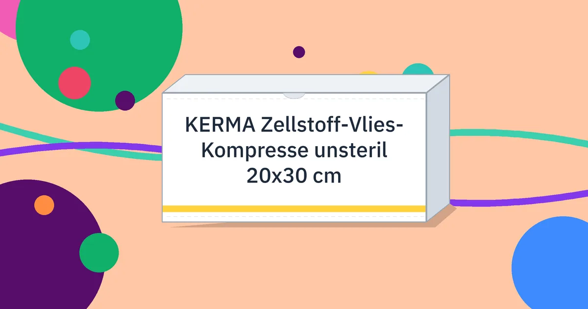 Symbolbild: Packung mit der Aufschrift KERMA Zellstoff-Vlies-Kompresse unsteril 20x30 cm (PZN 12551366) – Verfügbarkeit und Bezug in Apotheken in Frankfurt am Main