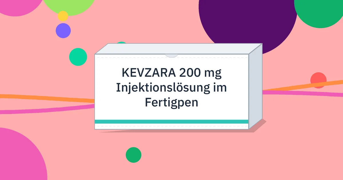 Symbolbild: Packung mit der Aufschrift KEVZARA 200 mg Injektionslösung im Fertigpen (PZN 17755903) – Verfügbarkeit und Bezug in Apotheken in Frankfurt am Main
