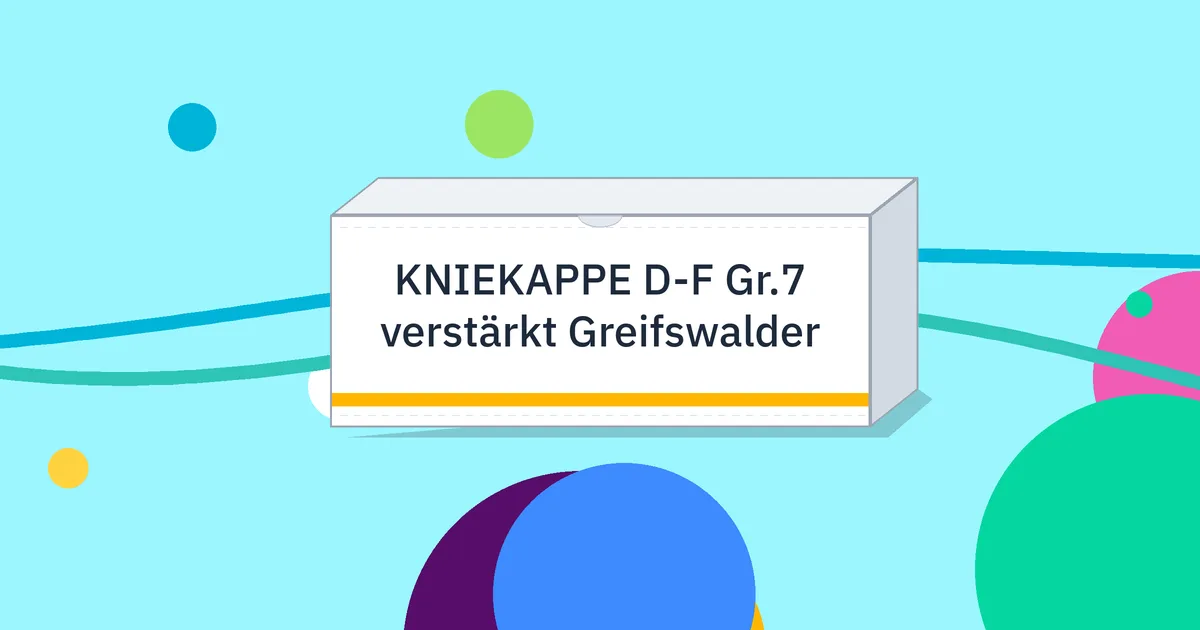 Symbolbild: Packung mit der Aufschrift KNIEKAPPE D-F Gr.7 verstärkt Greifswalder (PZN 01969743) – Verfügbarkeit und Bezug in Apotheken in Frankfurt am Main