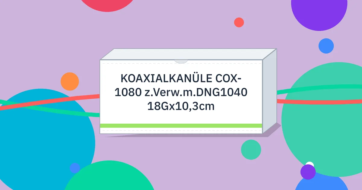 Symbolbild: Packung mit der Aufschrift KOAXIALKANÜLE COX-1080 z.Verw.m.DNG1040 18Gx10,3cm (PZN 00284581) – Verfügbarkeit und Bezug in Apotheken in Frankfurt am Main
