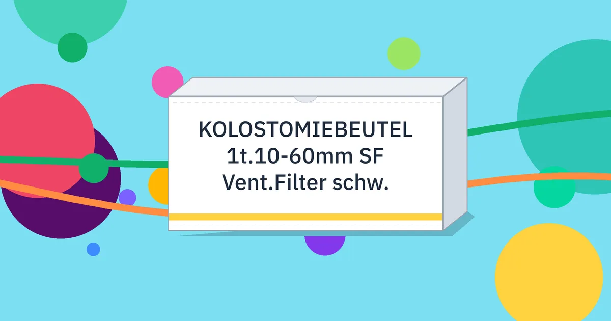 Symbolbild: Packung mit der Aufschrift KOLOSTOMIEBEUTEL 1t.10-60mm SF Vent.Filter schw. (PZN 18423847) – Verfügbarkeit und Bezug in Apotheken in Frankfurt am Main