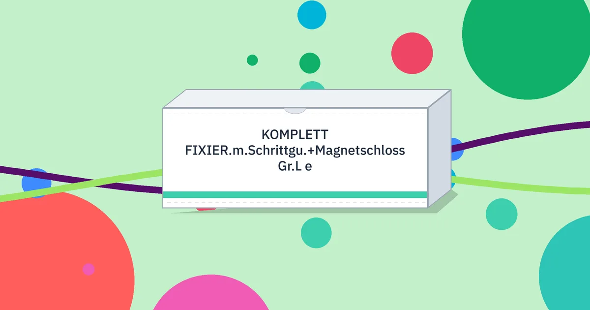 Symbolbild: Packung mit der Aufschrift KOMPLETT FIXIER.m.Schrittgu.+Magnetschloss Gr.L e (PZN 11573041) – Verfügbarkeit und Bezug in Apotheken in Frankfurt am Main