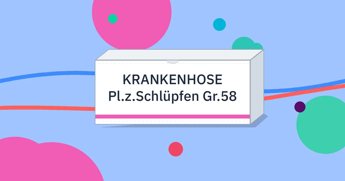 Symbolbild: Packung mit der Aufschrift KRANKENHOSE Pl.z.Schlüpfen Gr.58 (PZN 01979687) – Verfügbarkeit und Bezug in Apotheken in Frankfurt am Main