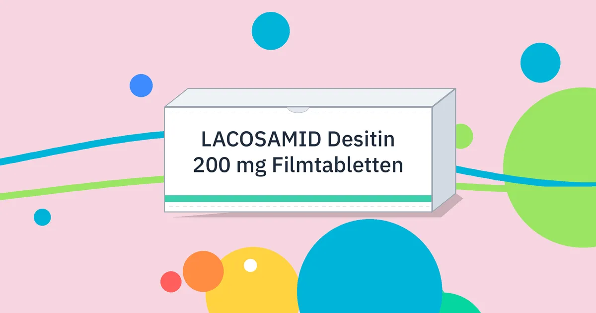 Symbolbild: Packung mit der Aufschrift LACOSAMID Desitin 200 mg Filmtabletten (PZN 17897307) – Verfügbarkeit und Bezug in Apotheken in Frankfurt am Main