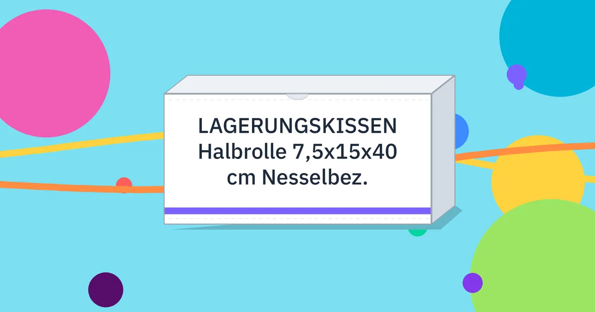 Symbolbild: Packung mit der Aufschrift LAGERUNGSKISSEN Halbrolle 7,5x15x40 cm Nesselbez. (PZN 03668514) – Verfügbarkeit und Bezug in Apotheken in Frankfurt am Main