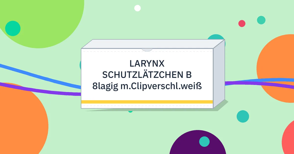 Symbolbild: Packung mit der Aufschrift LARYNX SCHUTZLÄTZCHEN B 8lagig m.Clipverschl.weiß (PZN 02399928) – Verfügbarkeit und Bezug in Apotheken in Frankfurt am Main