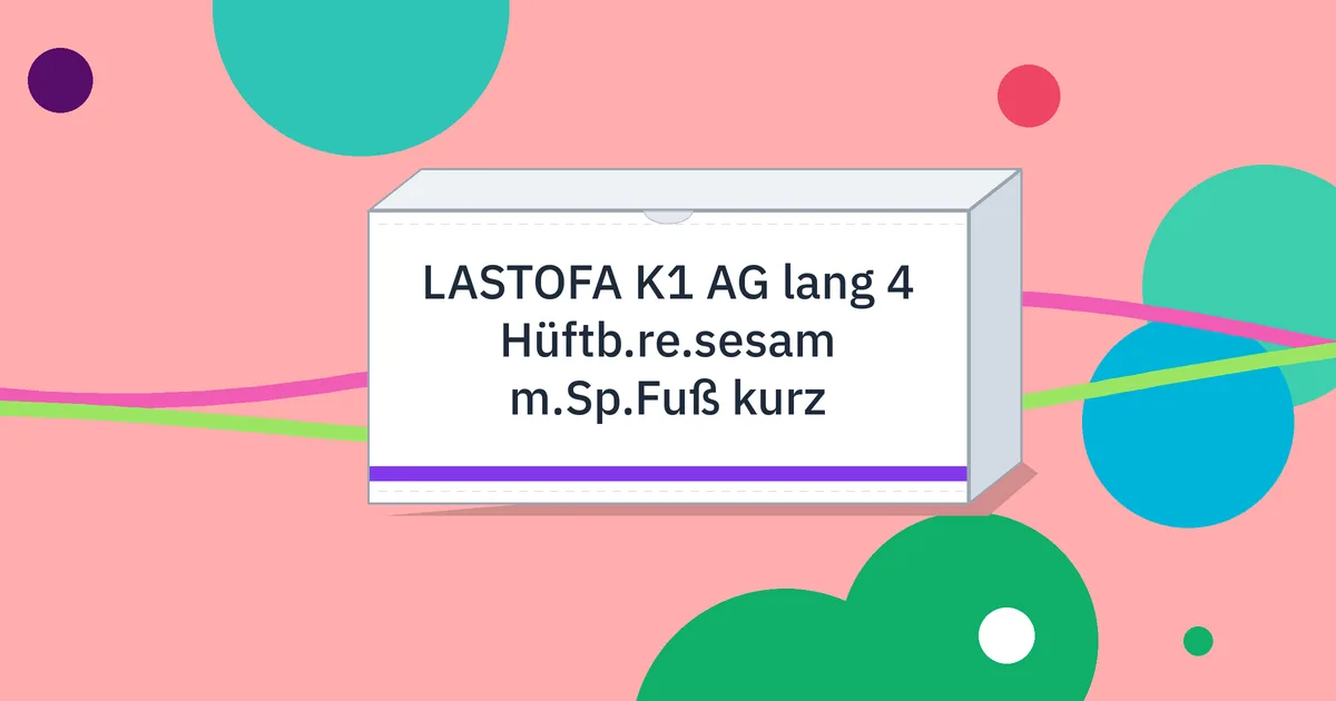 Symbolbild: Packung mit der Aufschrift LASTOFA K1 AG lang 4 Hüftb.re.sesam m.Sp.Fuß kurz (PZN 13798494) – Verfügbarkeit und Bezug in Apotheken in Frankfurt am Main