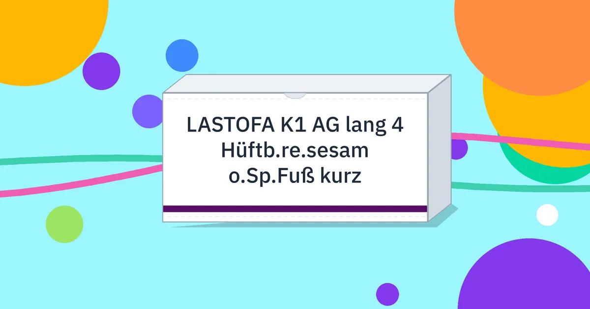 Symbolbild: Packung mit der Aufschrift LASTOFA K1 AG lang 4 Hüftb.re.sesam o.Sp.Fuß kurz (PZN 13798519) – Verfügbarkeit und Bezug in Apotheken in Frankfurt am Main