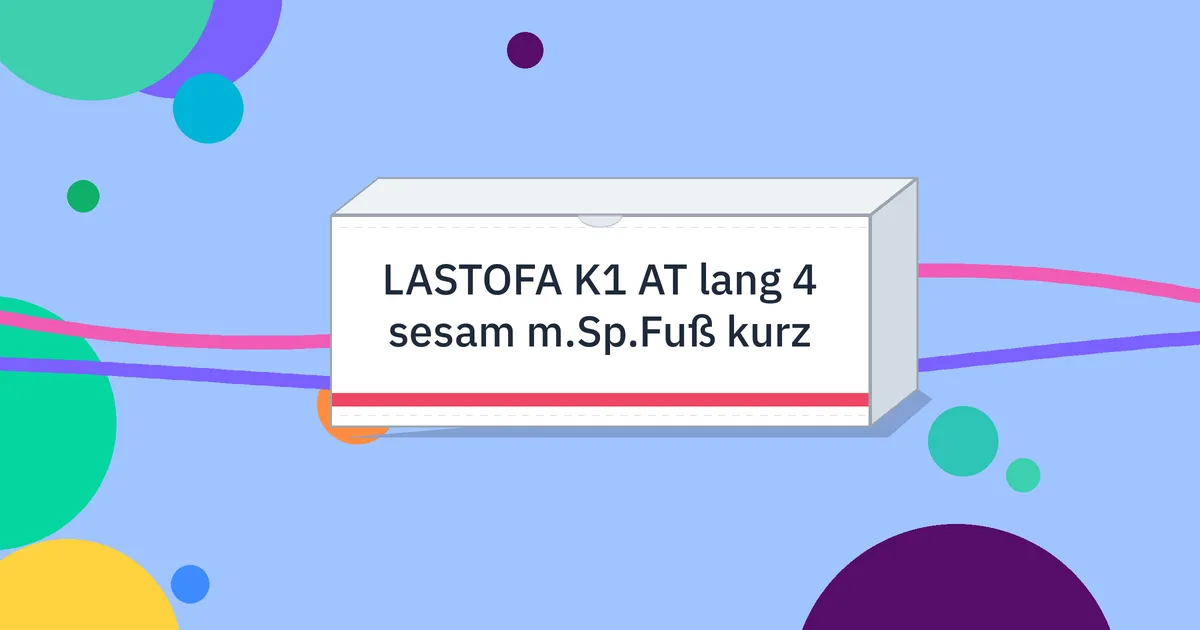 Symbolbild: Packung mit der Aufschrift LASTOFA K1 AT lang 4 sesam m.Sp.Fuß kurz (PZN 13796302) – Verfügbarkeit und Bezug in Apotheken in Frankfurt am Main