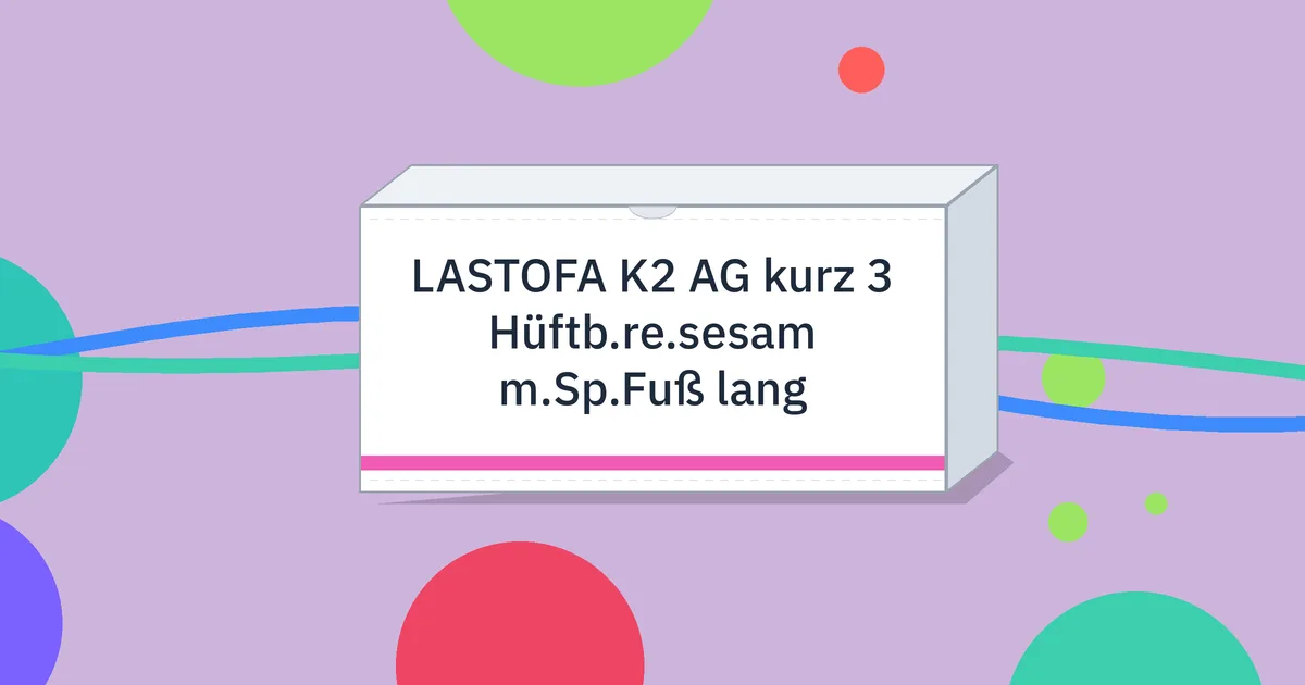 Symbolbild: Packung mit der Aufschrift LASTOFA K2 AG kurz 3 Hüftb.re.sesam m.Sp.Fuß lang (PZN 13811355) – Verfügbarkeit und Bezug in Apotheken in Frankfurt am Main