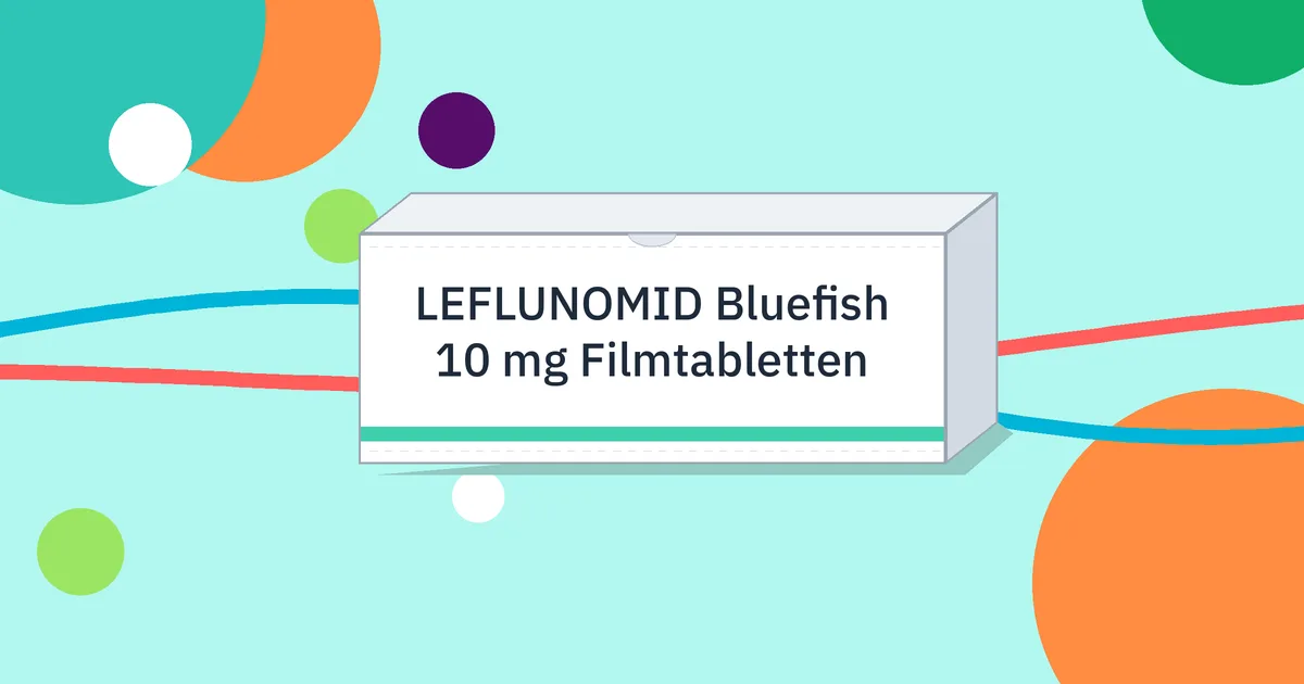 Symbolbild: Packung mit der Aufschrift LEFLUNOMID Bluefish 10 mg Filmtabletten (PZN 11266586) – Verfügbarkeit und Bezug in Apotheken in Frankfurt am Main