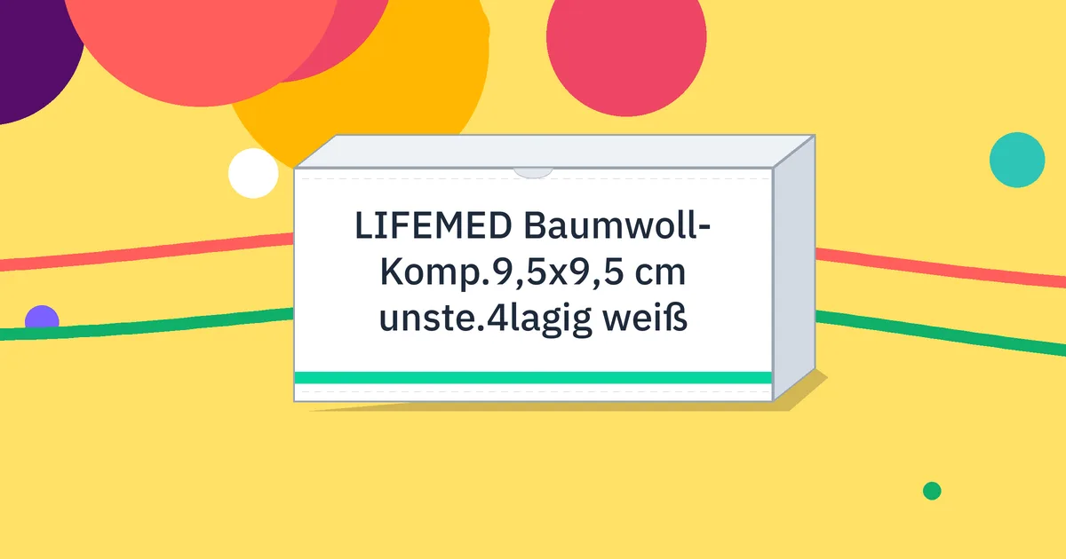 Symbolbild: Packung mit der Aufschrift LIFEMED Baumwoll-Komp.9,5x9,5 cm unste.4lagig weiß (PZN 18097974) – Verfügbarkeit und Bezug in Apotheken in Frankfurt am Main