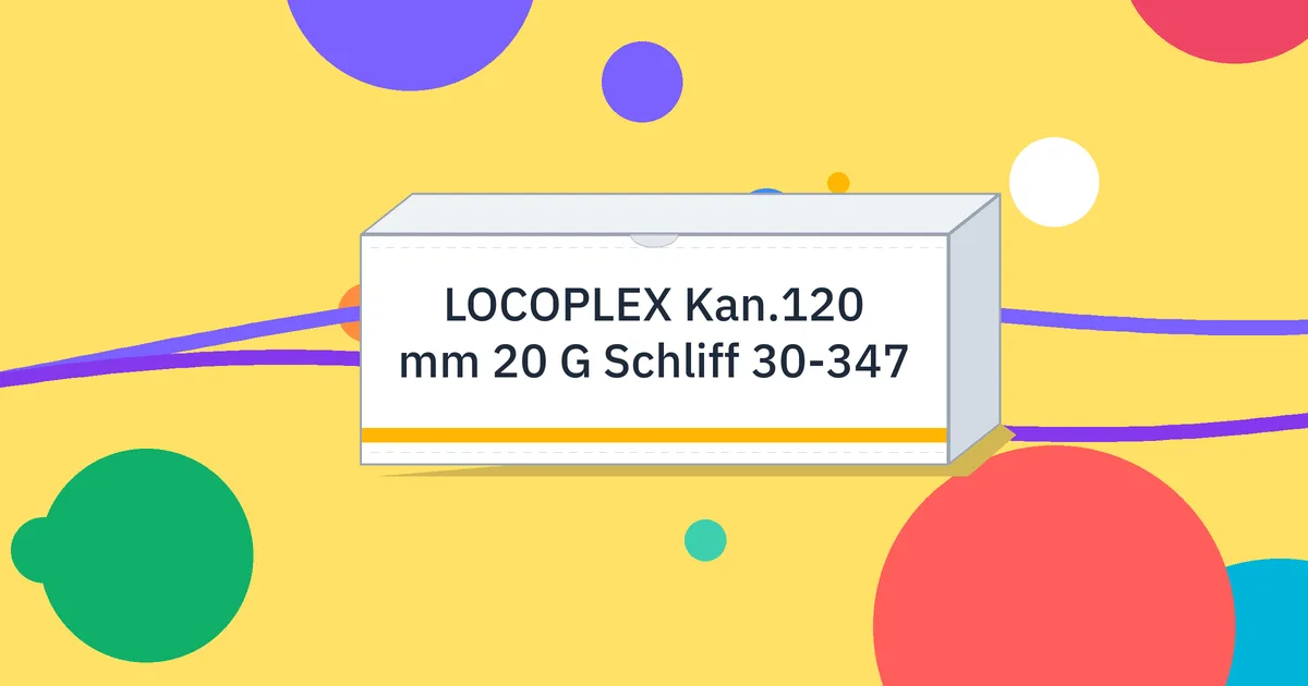 Symbolbild: Packung mit der Aufschrift LOCOPLEX Kan.120 mm 20 G Schliff 30-347 (PZN 00994578) – Verfügbarkeit und Bezug in Apotheken in Frankfurt am Main