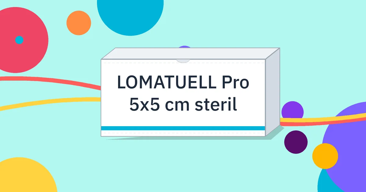 Symbolbild: Packung mit der Aufschrift LOMATUELL Pro 5x5 cm steril (PZN 17832288) – Verfügbarkeit und Bezug in Apotheken in Frankfurt am Main