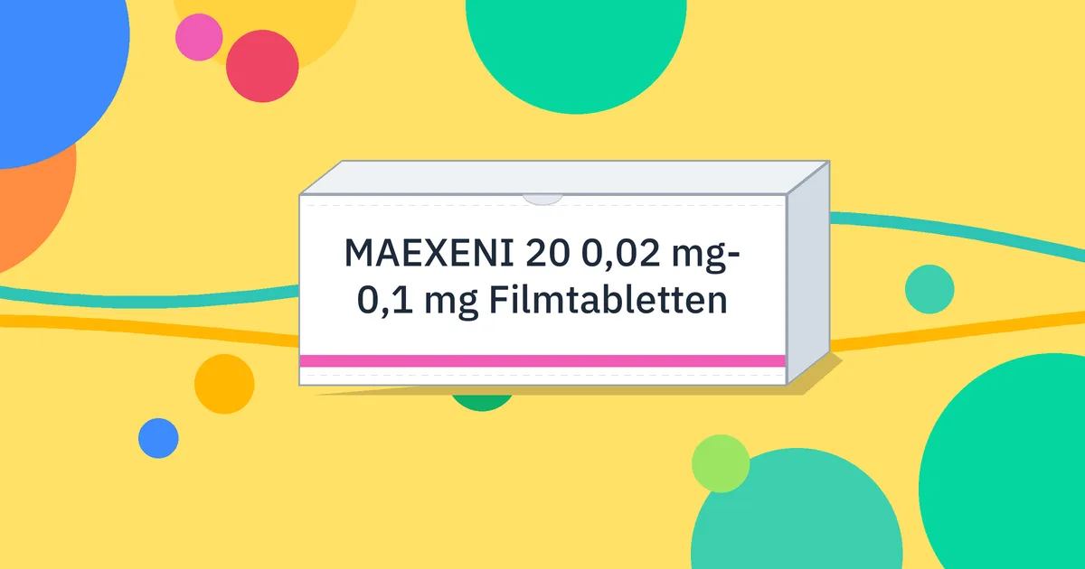 Symbolbild: Packung mit der Aufschrift MAEXENI 20 0,02 mg-0,1 mg Filmtabletten (PZN 10638100) – Verfügbarkeit und Bezug in Apotheken in Frankfurt am Main