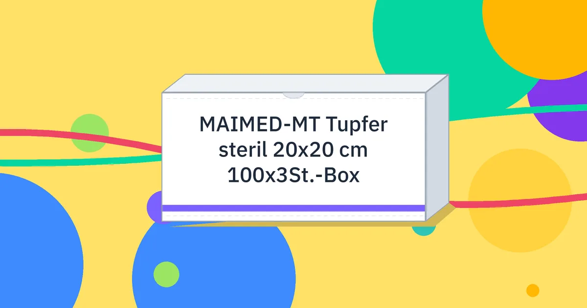 Symbolbild: Packung mit der Aufschrift MAIMED-MT Tupfer steril 20x20 cm 100x3St.-Box (PZN 09207458) – Verfügbarkeit und Bezug in Apotheken in Frankfurt am Main