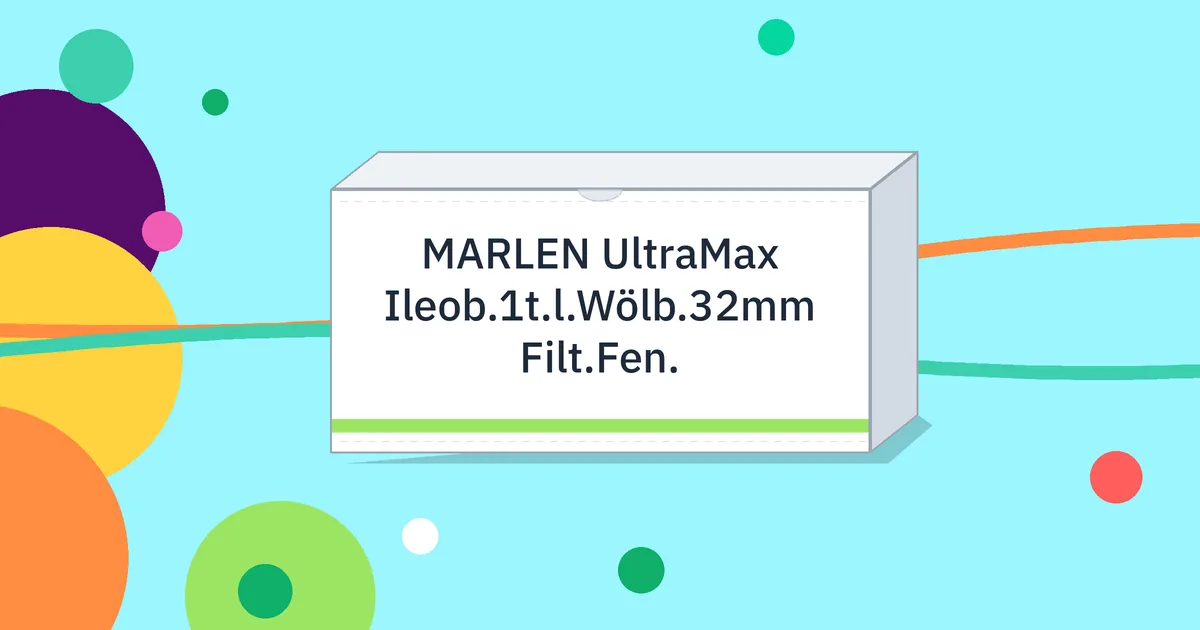 Symbolbild: Packung mit der Aufschrift MARLEN UltraMax Ileob.1t.l.Wölb.32mm Filt.Fen. (PZN 10741192) – Verfügbarkeit und Bezug in Apotheken in Frankfurt am Main