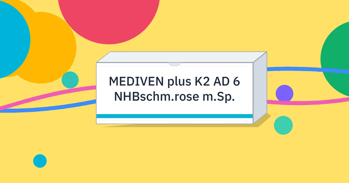 Symbolbild: Packung mit der Aufschrift MEDIVEN plus K2 AD 6 NHBschm.rose m.Sp. (PZN 15938344) – Verfügbarkeit und Bezug in Apotheken in Frankfurt am Main
