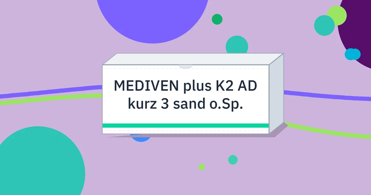 Symbolbild: Packung mit der Aufschrift MEDIVEN plus K2 AD kurz 3 sand o.Sp. (PZN 18946976) – Verfügbarkeit und Bezug in Apotheken in Frankfurt am Main