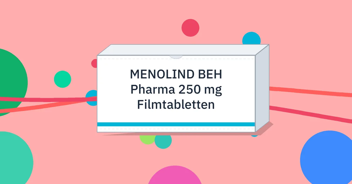 Symbolbild: Packung mit der Aufschrift MENOLIND BEH Pharma 250 mg Filmtabletten (PZN 19798029) – Verfügbarkeit und Bezug in Apotheken in Frankfurt am Main